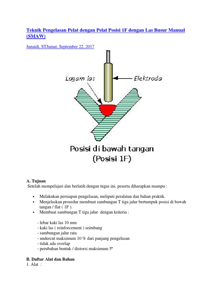 Teknik Pengelasan Pelat Dengan Pelat Posisi 1F Dengan Las Busur Manual | PDF