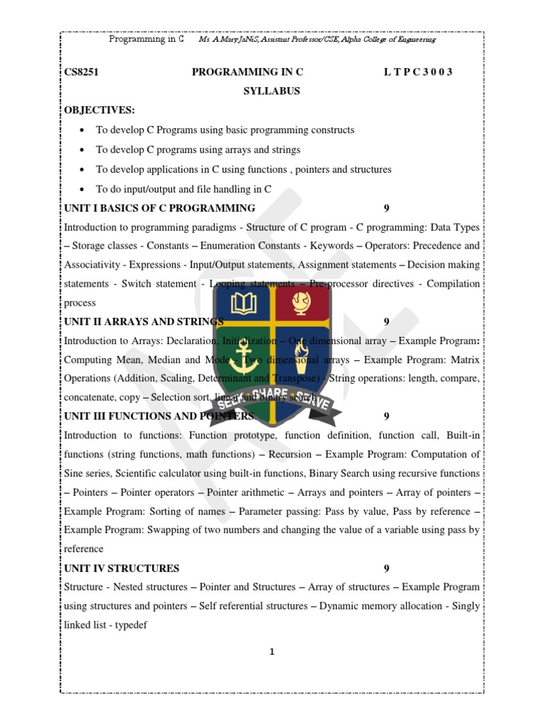 Cs8251 Programming In C Question Bank With Answer Keys Pdf Pointer Computer Programming 8573