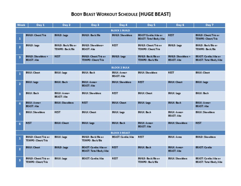 Body Beast Workout Schedule (H) | PDF | Thorax (Human Anatomy) | Sports