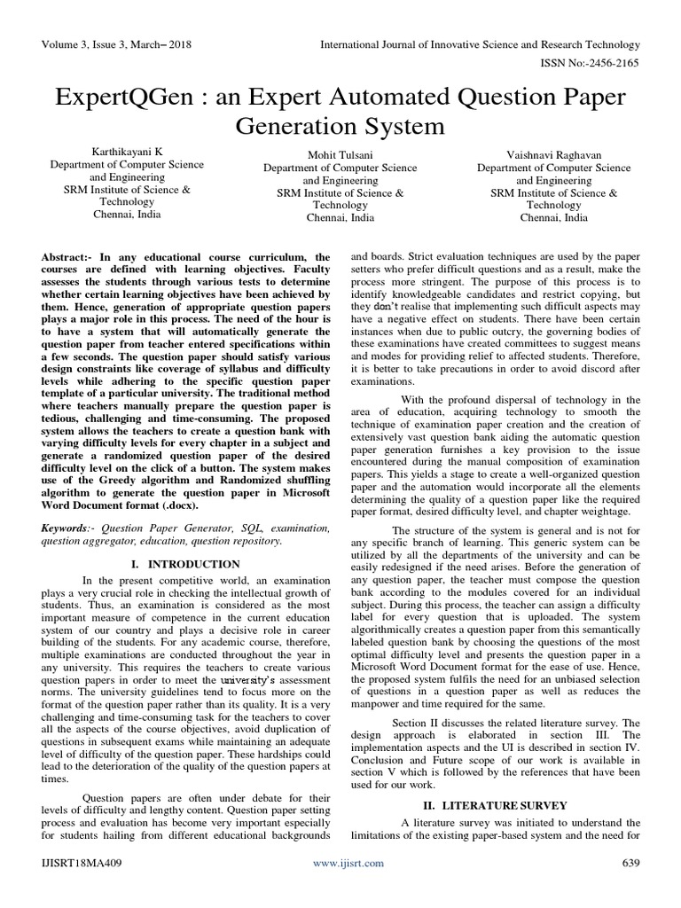 ExpertQGen: An Expert Automated Question Paper Generation System | PDF | Array Data Structure ...