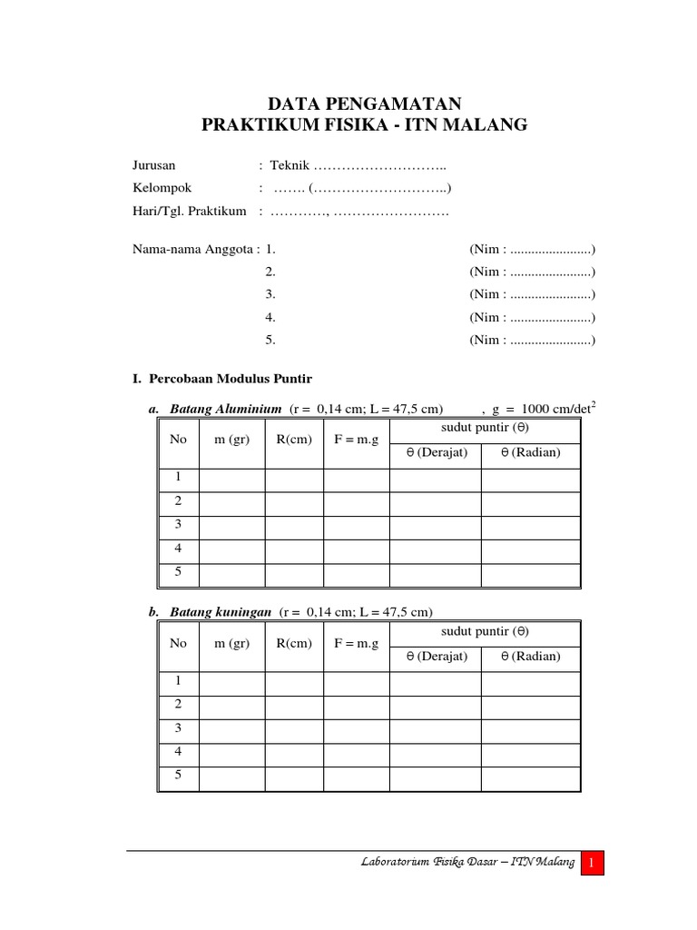 Lembar Data Pengamatan Praktikum Fisika-1 | PDF