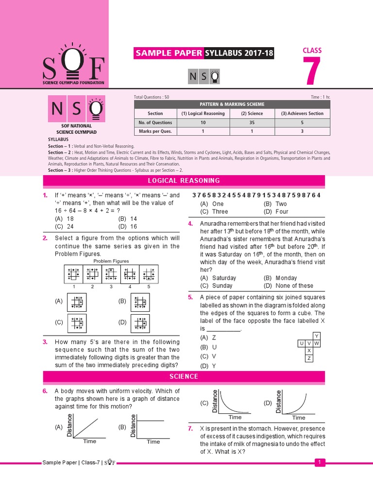Nso Sample Paper Class-7 PDF | PDF | Oxygen | Water