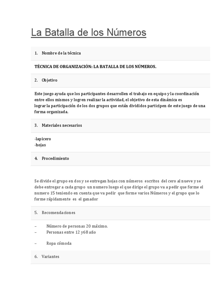 La Batalla de los Números: Dinámica Grupal | PDF | Ocio | Deportes