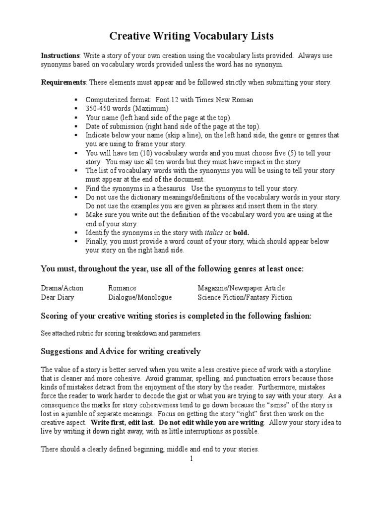 Creative Writing Vocabulary Lists1 | PDF | Word | Vocabulary