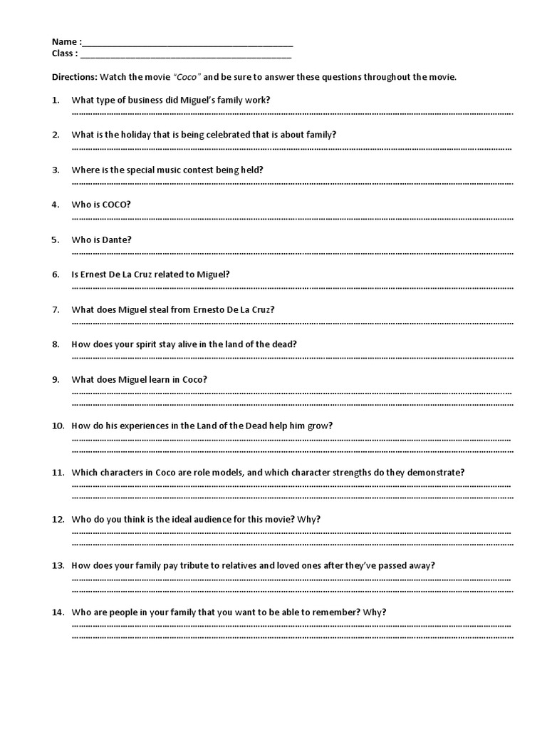 Coco Movie Worksheet and Questions | PDF
