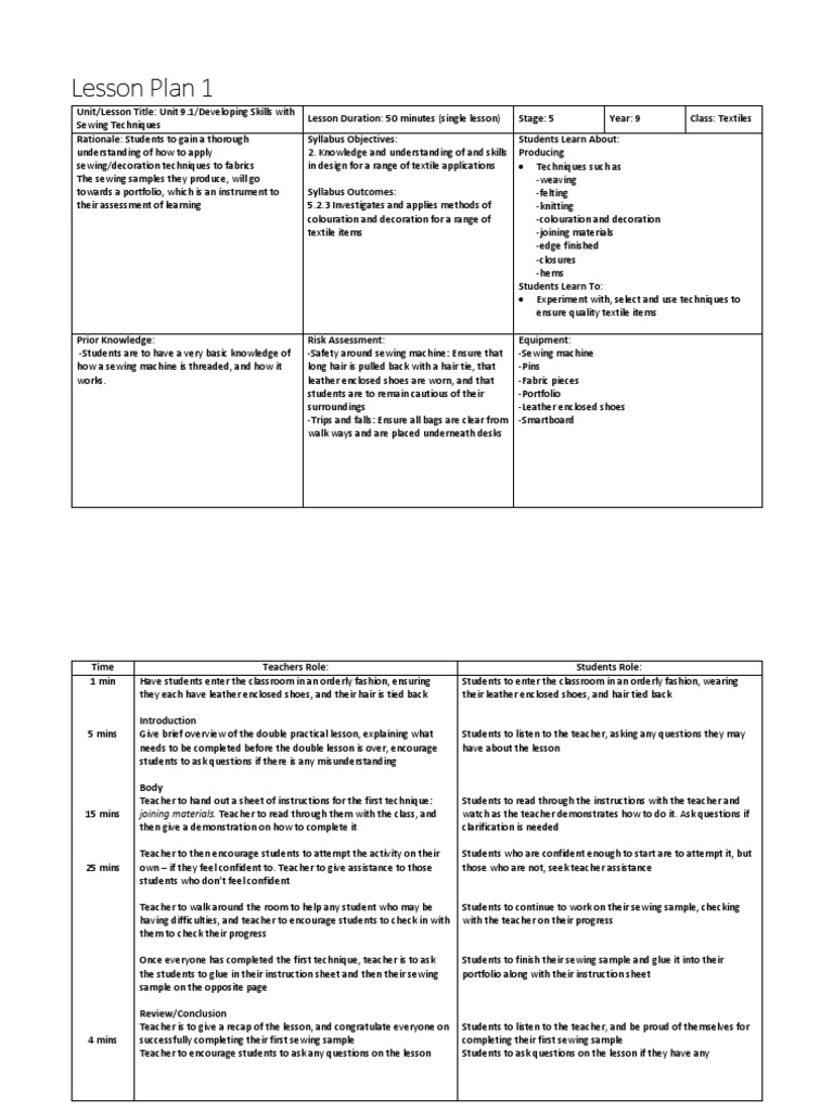 Lesson Plan 1 | PDF | Educational Assessment | Sewing