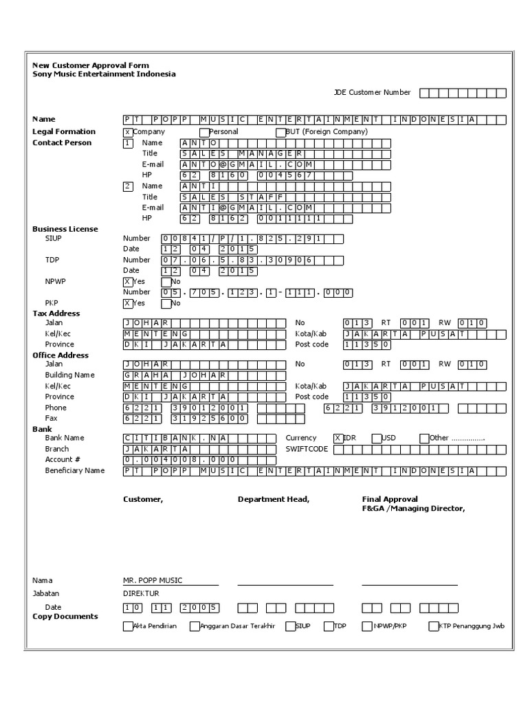 New Customer Approval Form Sony Music Entertainment Indonesia | PDF