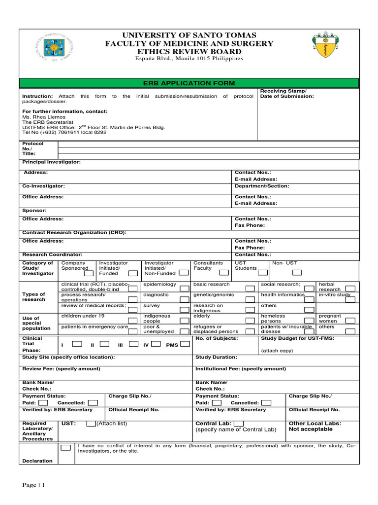 USTFMS ERB F01 Application Form | PDF | Clinical Trial | Health Care