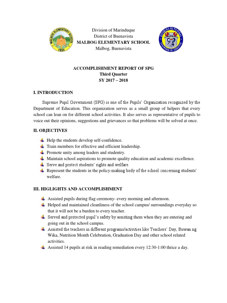 Accomplishment Report of SPG Third Quarter SY 2027-2018 | Change ...