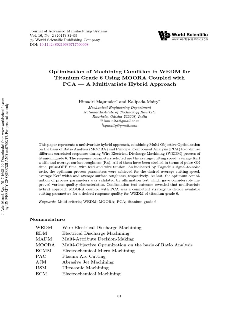 Optimization of Machining Condition in WEDM For Titanium Grade 6 Using MOORA Coupled With PCA ...