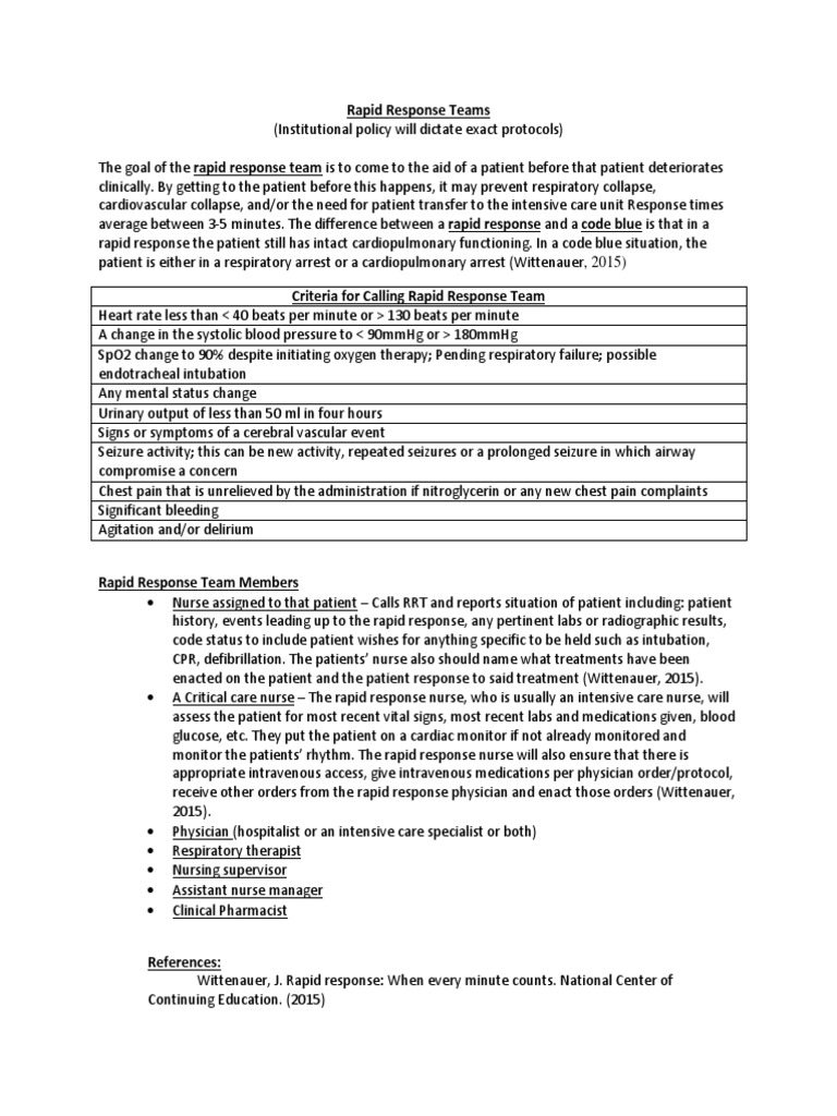 Rapid Response Team Worksheet | Download Free PDF | Intensive Care ...