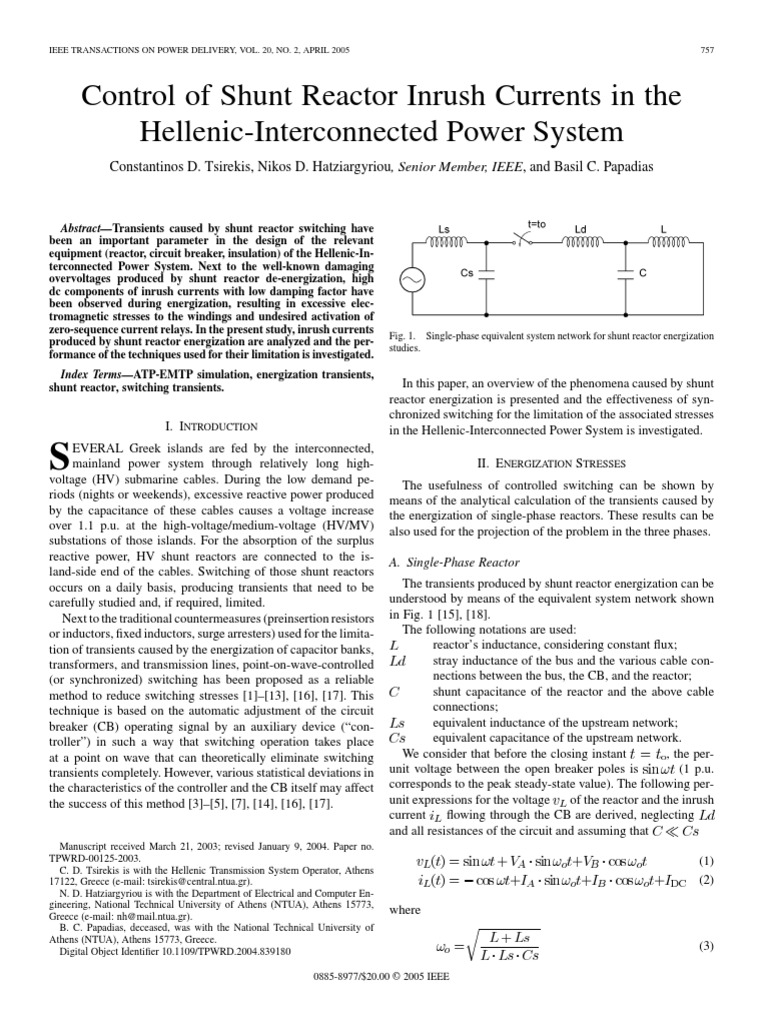 Control of Shunt Reactor Inrush Currents in The Hellenic Power System ...