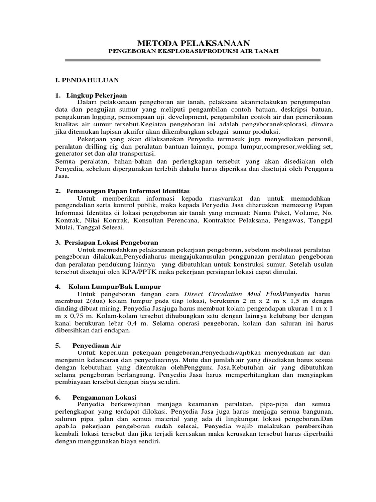 Metode Pelaksanaan Sumur Bor | PDF