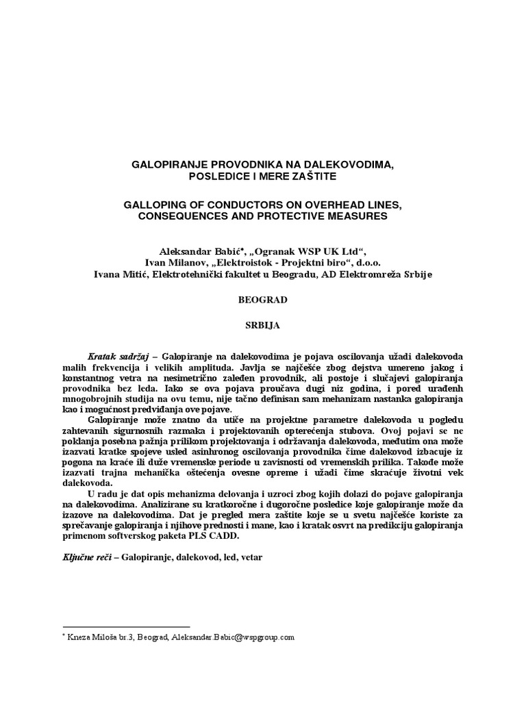 CIGRE B2 - Galopiranje Provodnika Na Dalekovodima, Posledice I Mere Zastite | PDF