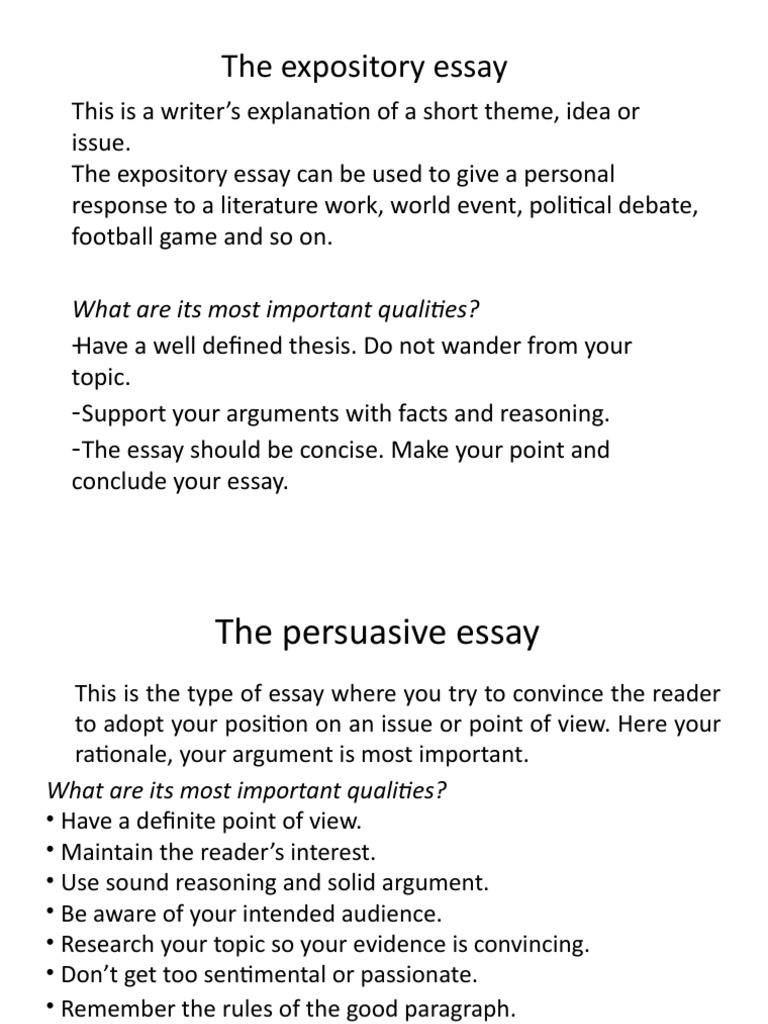Types of Essays: Expository, Persuasive, Argumentative | PDF