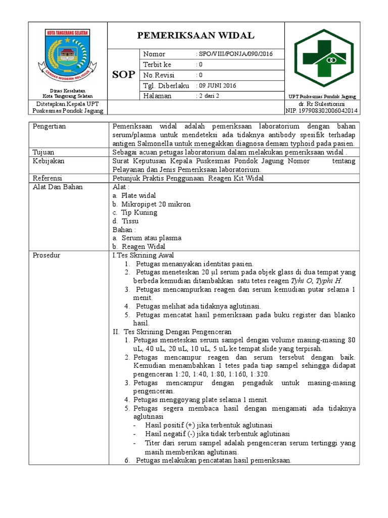 90 SOP Pemeriksaan WIDAL | PDF