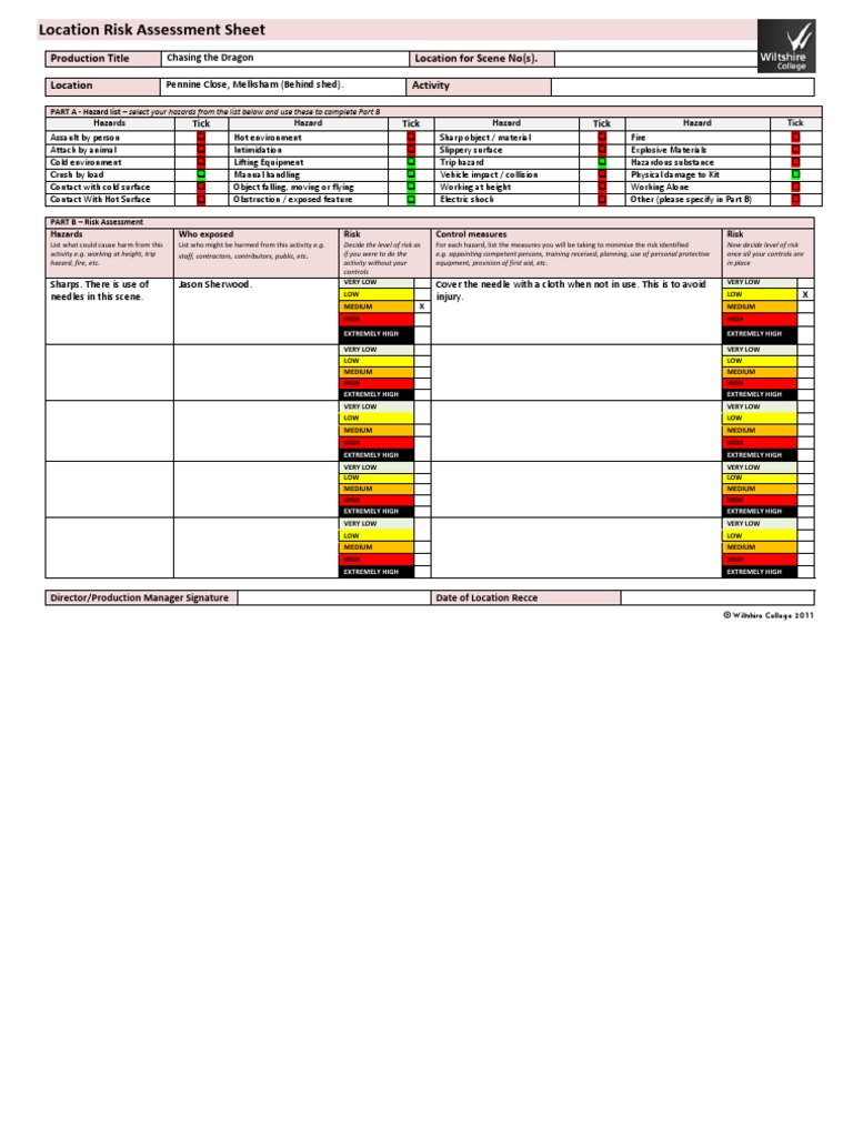 Location Risk Assessment Sheet: Production Title Location For Scene No ...