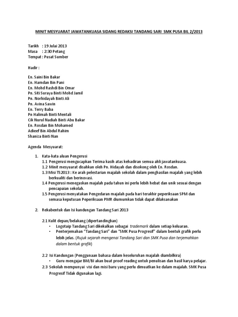 Contoh Minit Mesyuarat Sidang Redaksi | PDF