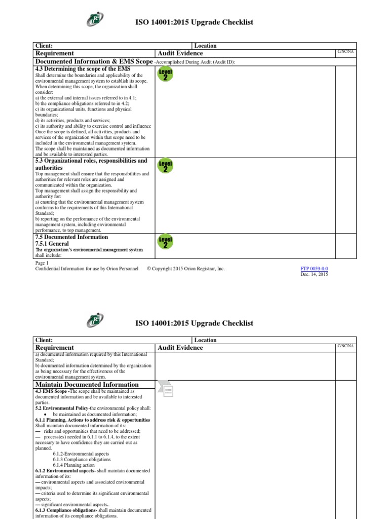 ISO 14001 2015 Upgrade Checklist | PDF | Audit | Internal Audit