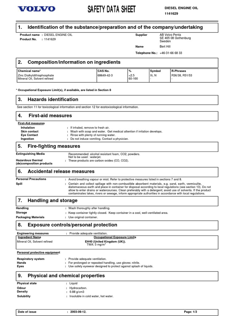Safety Data Sheet Engine Oil Barrel | PDF | Carbon Dioxide | Solubility
