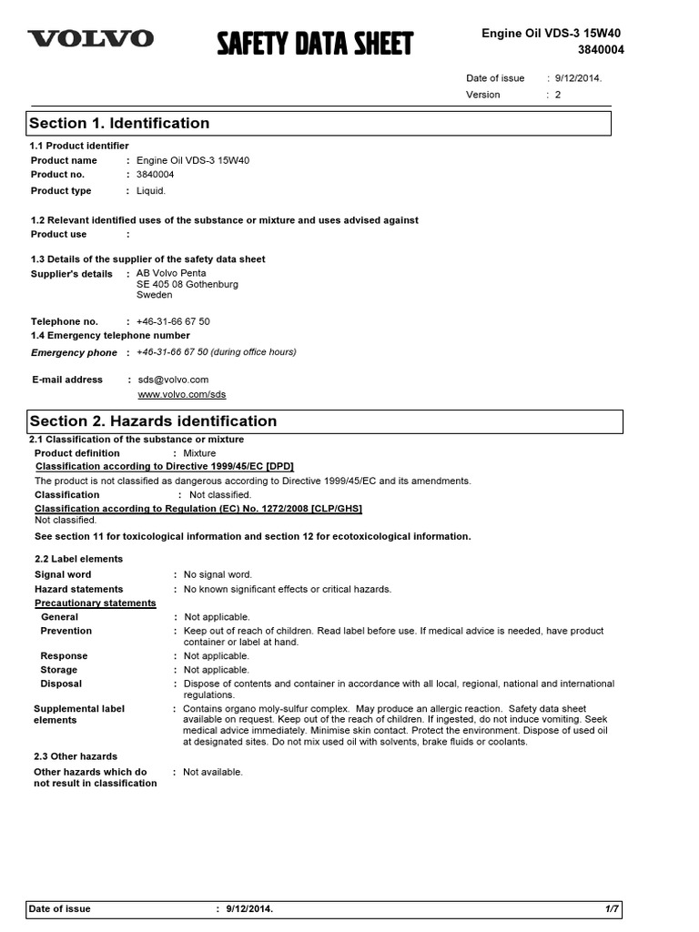 VDS-3 15W40 Engine Oil Safety Data Sheet | PDF | Toxicity | Personal ...