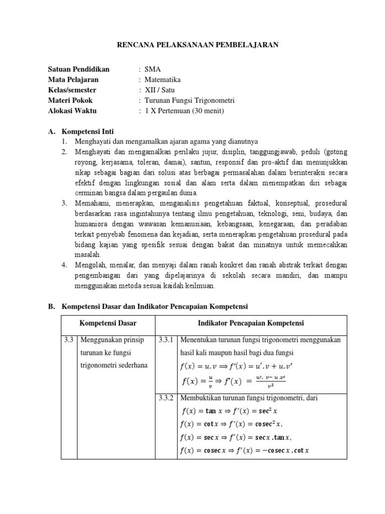 RPP Turunan Trigonometri (Tan, Cotan, Sec, Cosec) Matematika Kelas XII ...