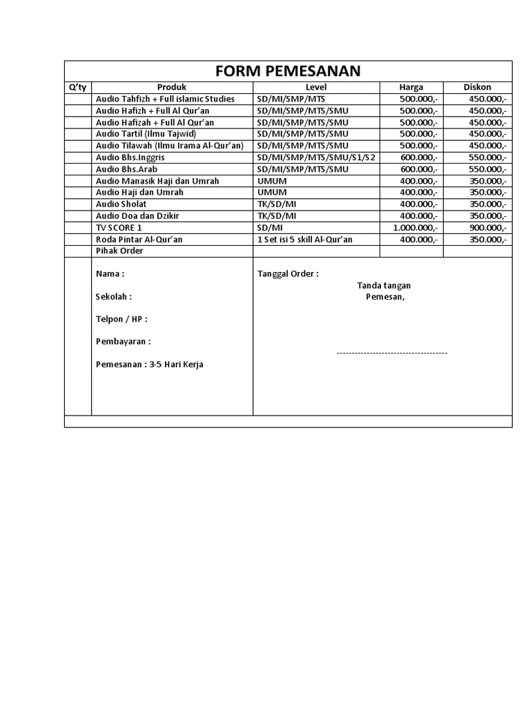 Form Pemesanan: Q'ty Produk Level Harga Diskon | PDF