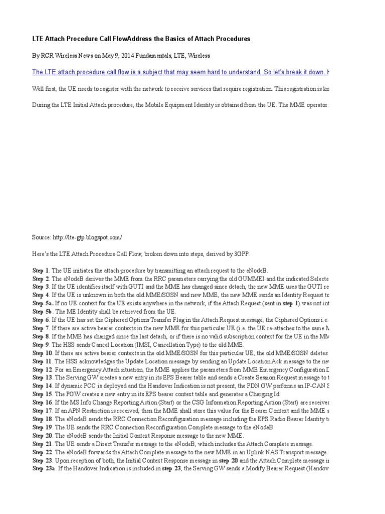 Lte Attach Procedure Pdf Telecommunications Computer Networking