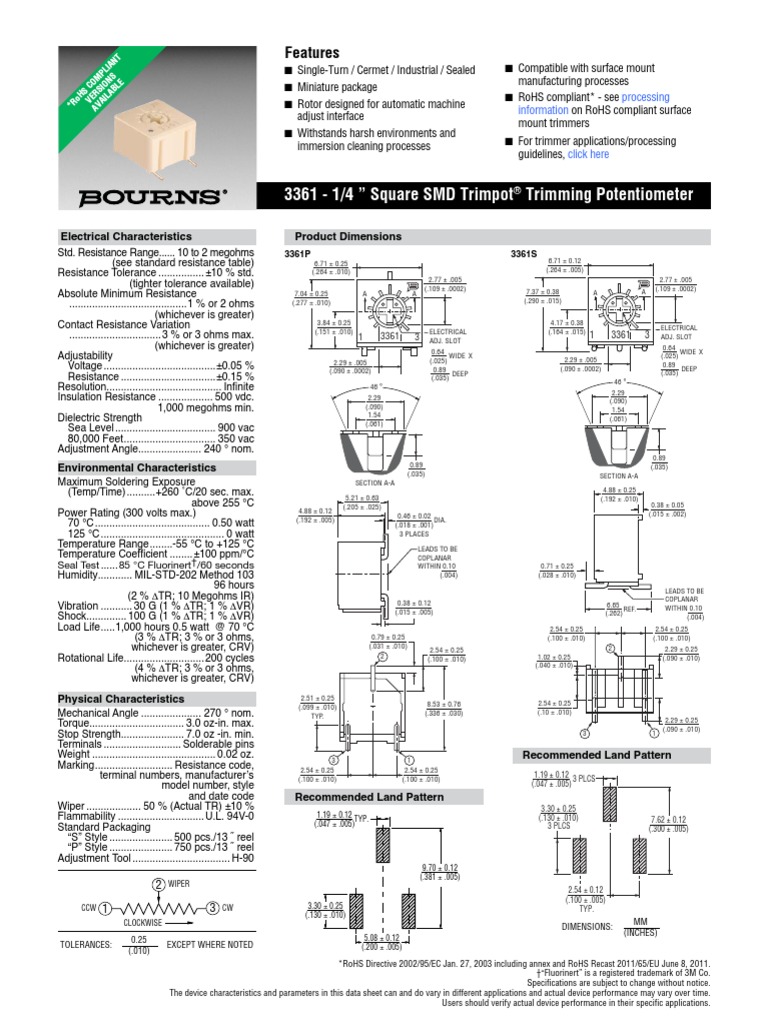 3361 - 1/4 " Square SMD Trimpot Trimming Potentiometer: Features | PDF ...