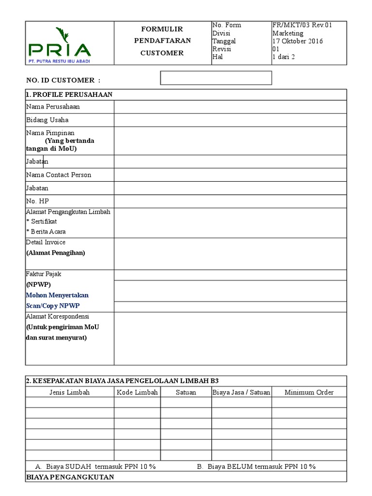 Formulir Registrasi Customer | PDF