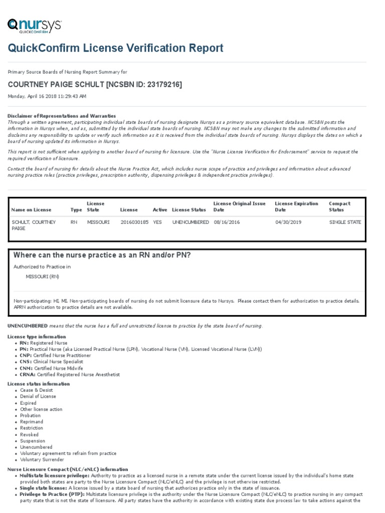 Nursys QuickConfirm License Verification Report 2018-04-16 | PDF ...
