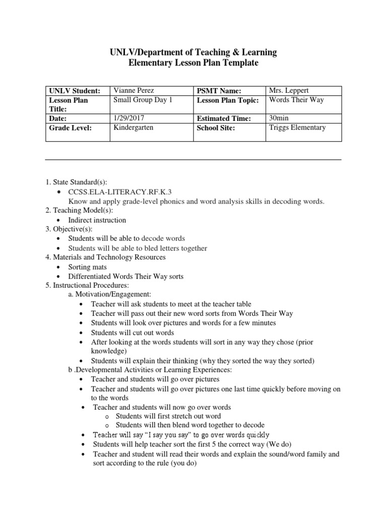 UNLV/Department of Teaching & Learning Elementary Lesson Plan Template ...