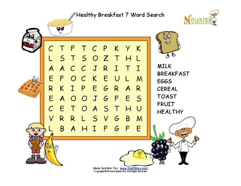 Kids Healthy Breakfast Fun Nutrition Worksheet Wordsearch 7 Words PDF ...