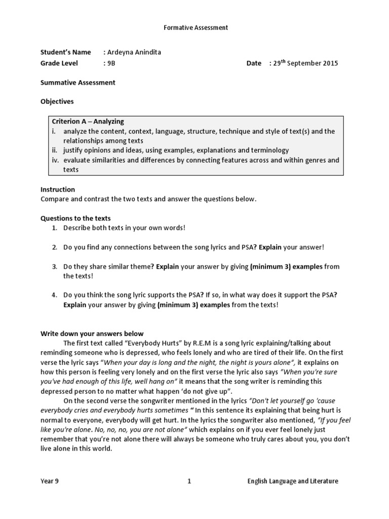 Year 9 English Assessment: Text Analysis | PDF | Educational Assessment ...