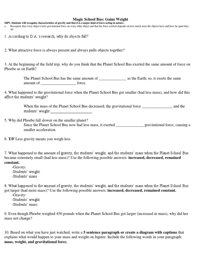 Magic School Bus Gains Weight Activity | PDF