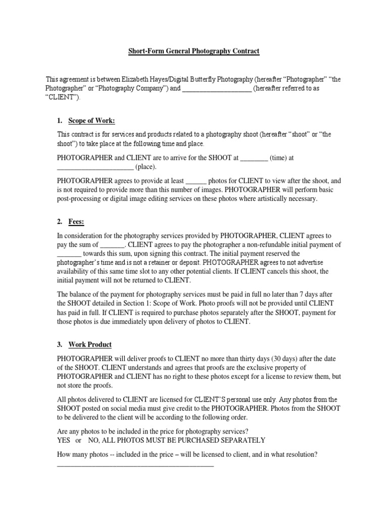 Short-Form Photography Contract Template | PDF | Indemnity | Private Law