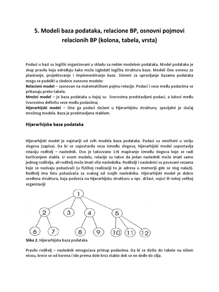 5t Modeli Baza Podataka Relacione BP Osnovni Pojmovi Relacionih BP Kolona Tabela Vrsta | PDF