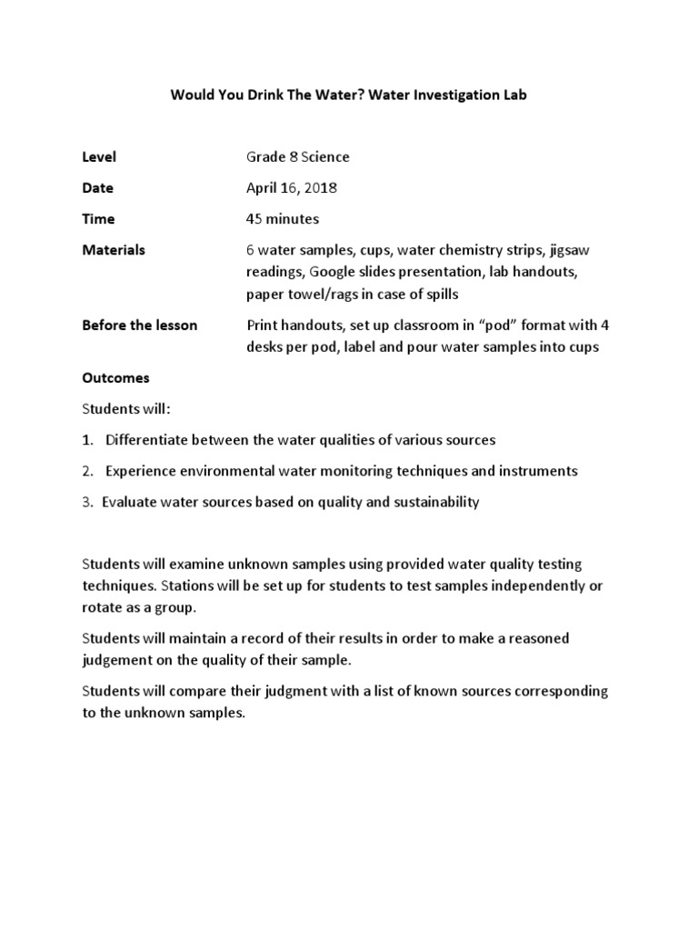 Water Quality Investigation Lab for Students | PDF | Water Quality ...