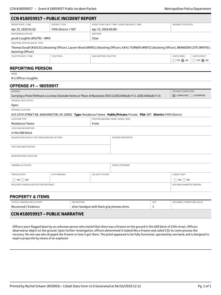 DC Police Report: Gun Found On Sidwalk | PDF | Handgun | Gun