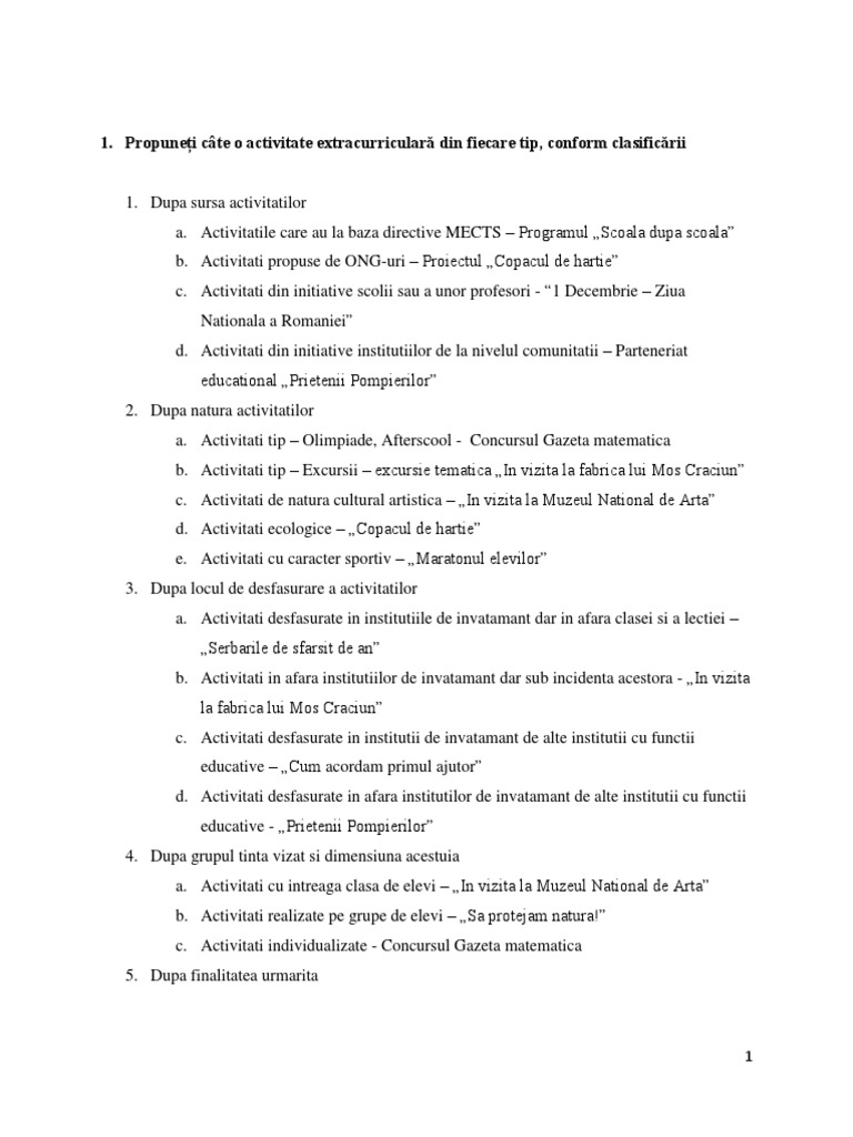 Clasificarea activitatilor extracurriculare