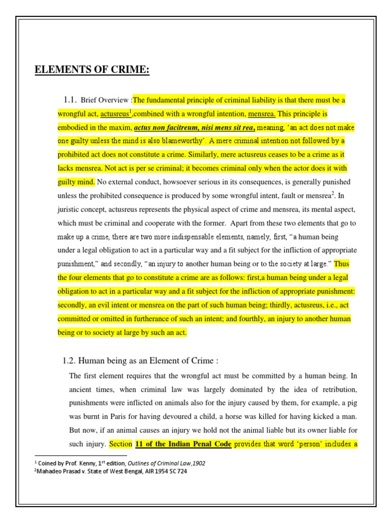 Elements of Crime Notes | PDF | Mens Rea | Intention (Criminal Law)