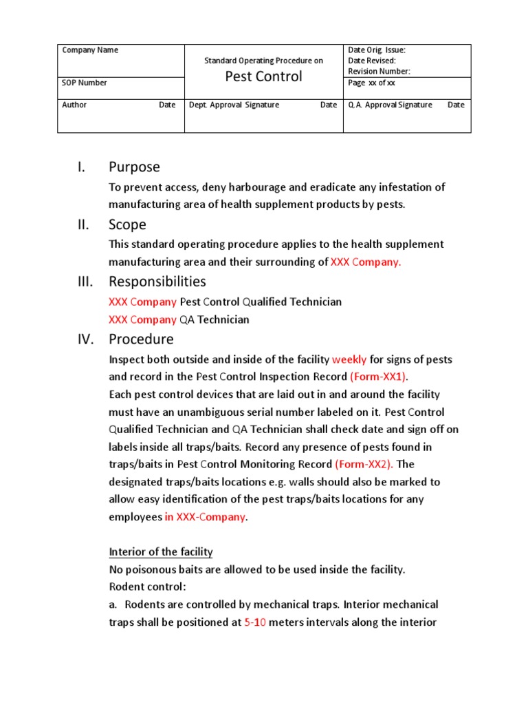 ASEAN TMHS GMP Training Chapter 4 Annex 7 Sample SOP On Pest Control ...