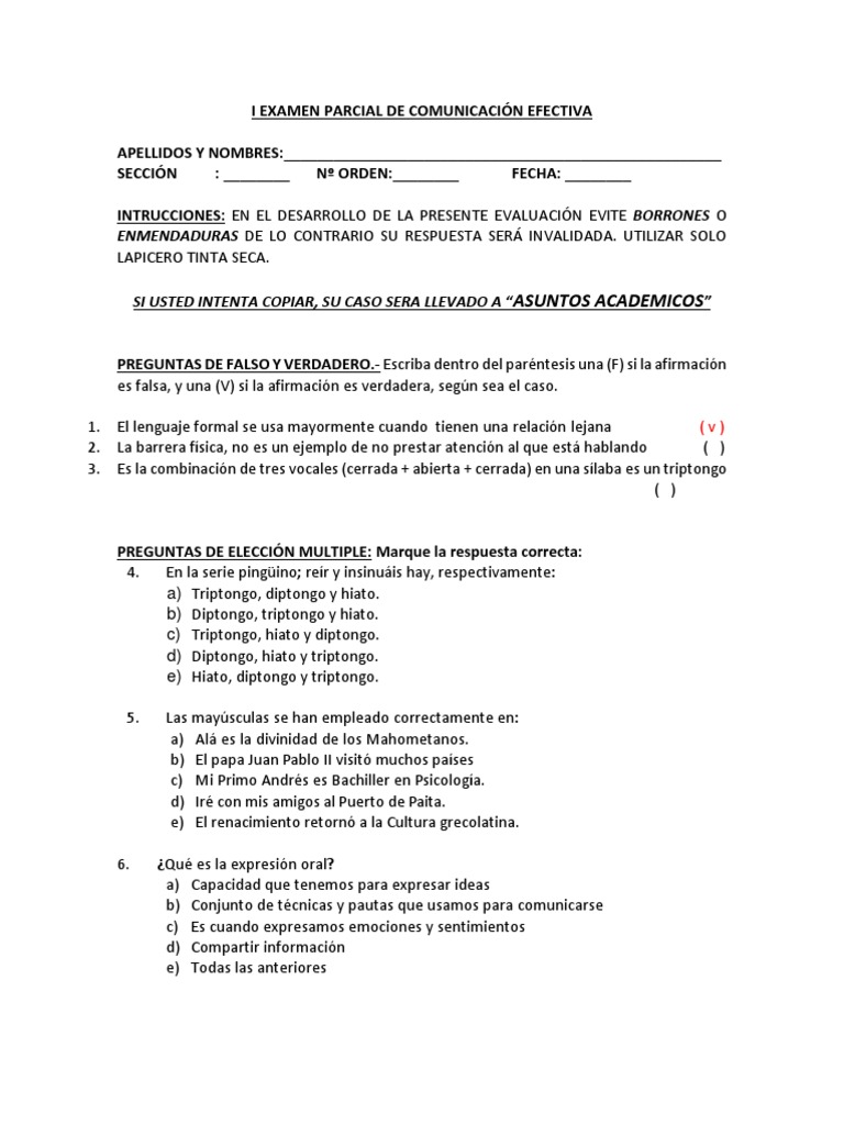 examen de comunicación efectiva | Plantas | Hoja