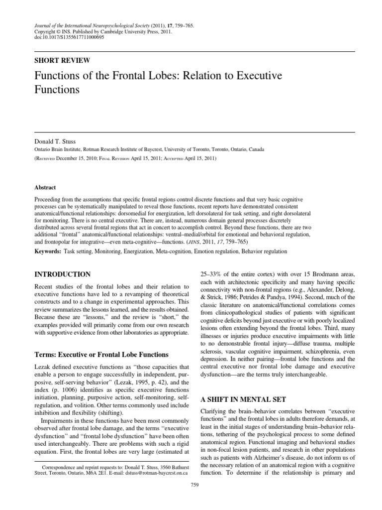 Functions of The Frontal Lobes - Relation To Executive - Stuss 2010 ...