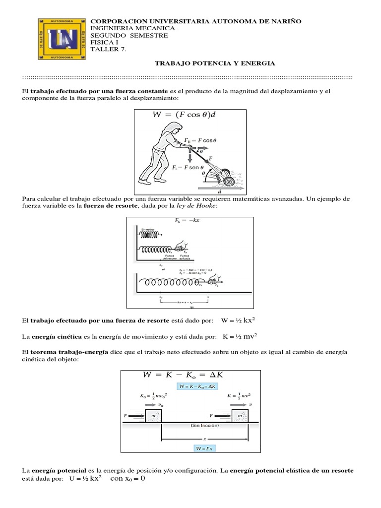 Taller 7 Trabajo Potencia y Energia | PDF | Energía potencial | Energía ...