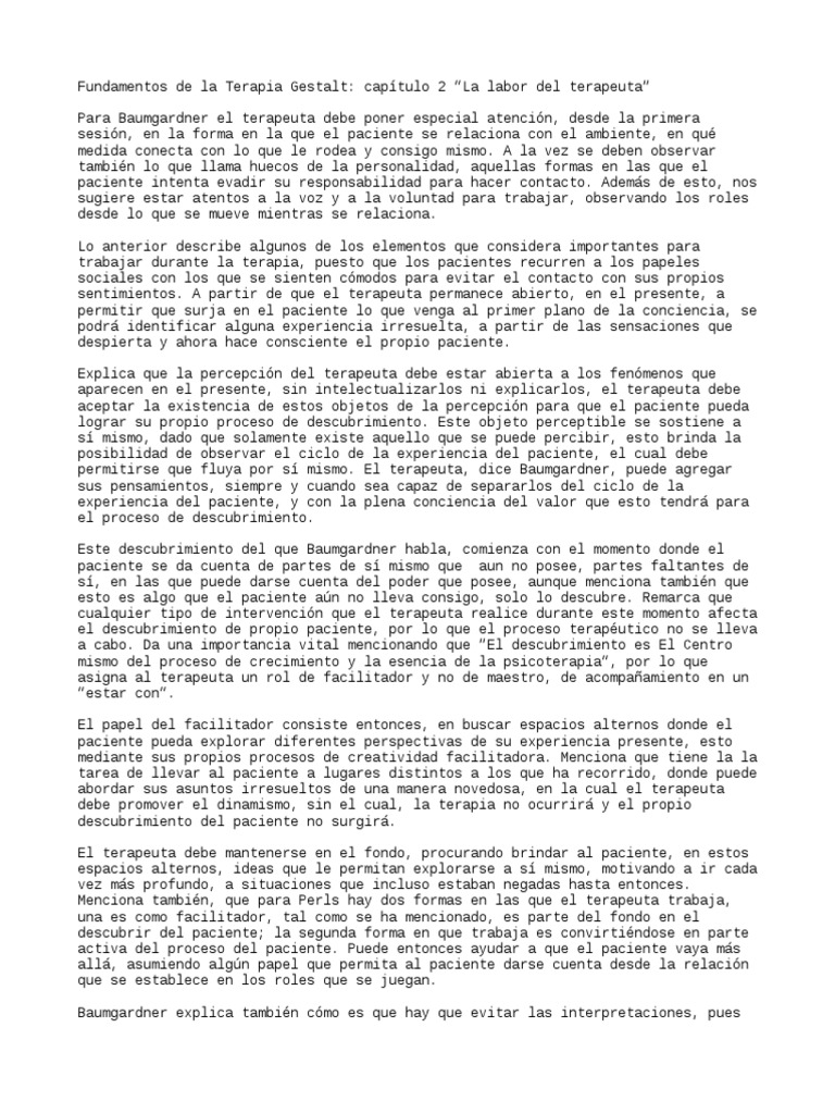 La importancia del descubrimiento del paciente en la terapia Gestalt según Baumgardner | PDF ...