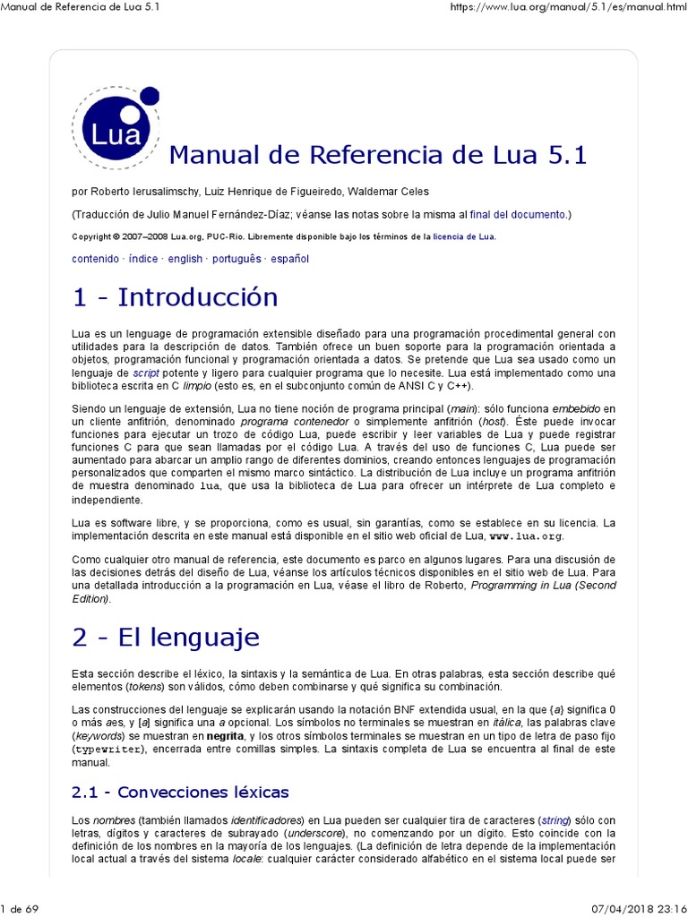 Manual Lua | PDF | Soporte | Lenguaje de programación
