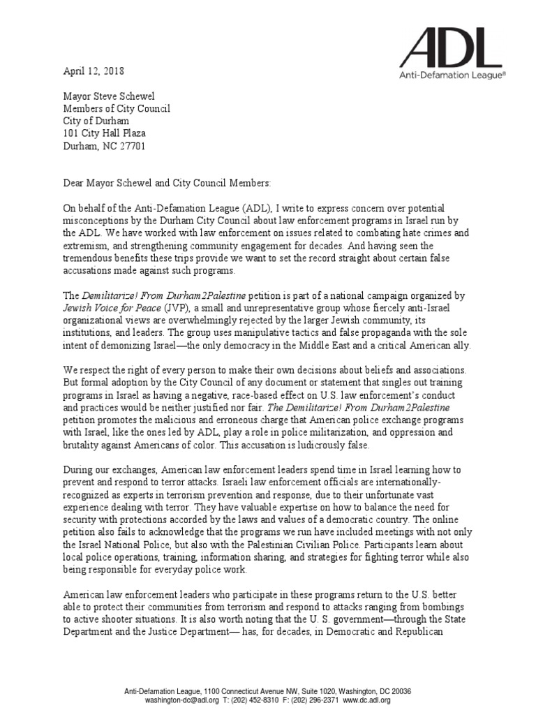 ADL Letter | PDF | Anti Defamation League | Police