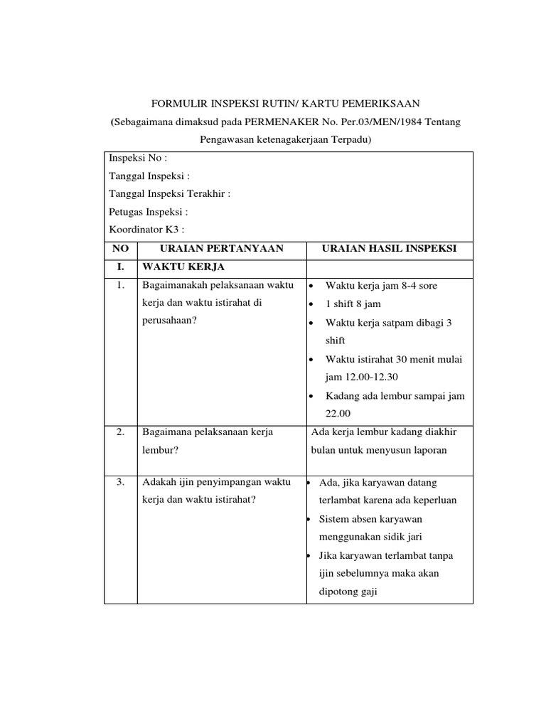 Selesai Lampiran Formulir Inspeksi Rutin | PDF