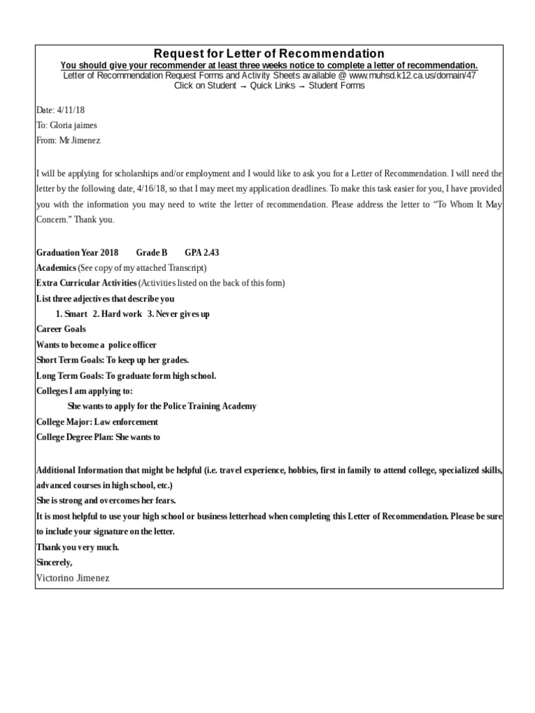 Request For Letter of Recommendation | PDF